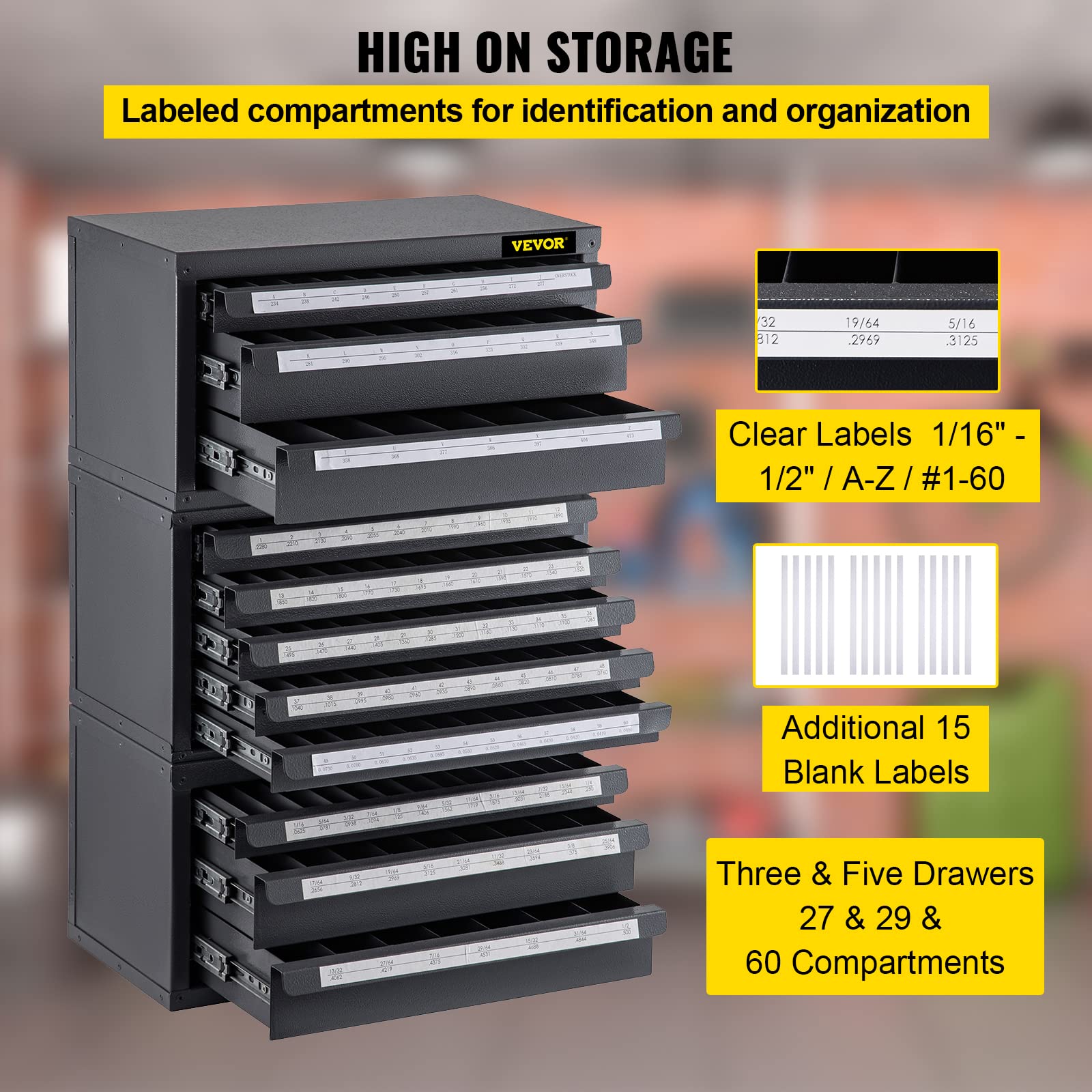 VEVOR Drill Bit Dispenser Cabinet Set, Three-Drawer for 1/16" to 1/2" & Letter Sizes A to Z, Five-Drawer Drill Bit Organizer for Wire Gauge Sizes #1 to #60, 3 Pieces