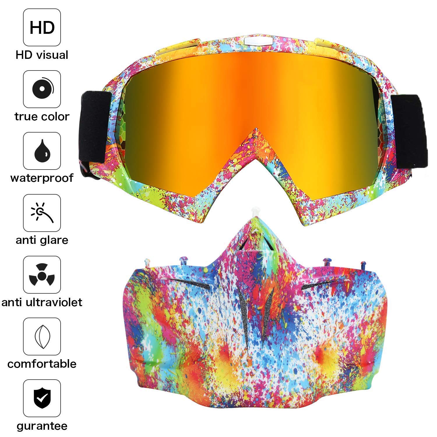 Smarcent Ski Snowboard Snowmobile Goggles Mask Motorcycle Goggles Mask Protect Padding Helmet Sunglasses (Rainbow)