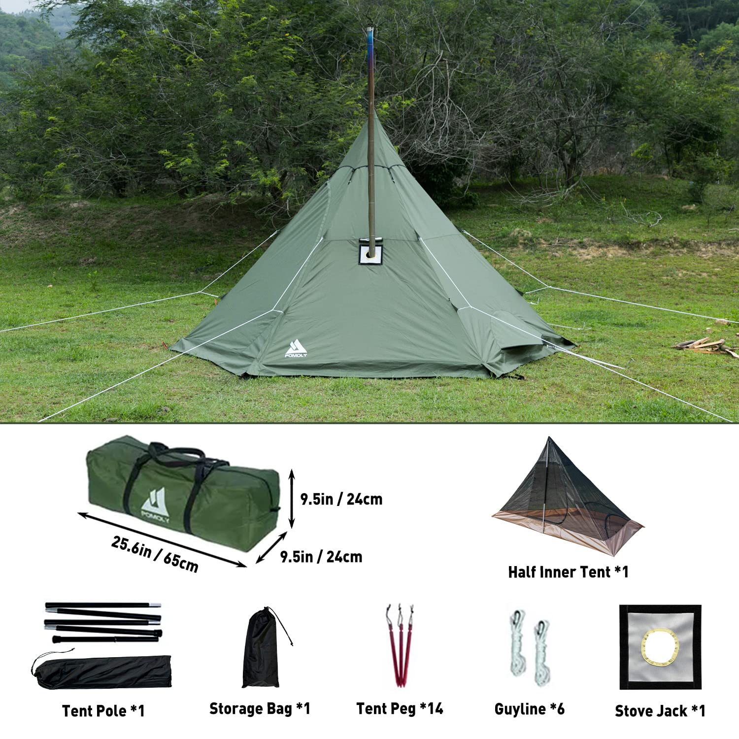 POMOLY Camping Hot Tent Stove Tent, MANTA Tipi Tent with Stove Jack and Half Inner Tent for 2-3 Person Hiking, Backpacking