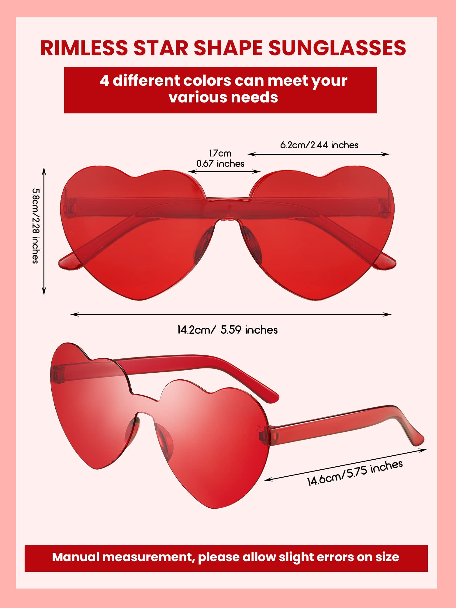 Weewooday 40 Pairs Heart Glasses Rimless Heart Shaped Frameless Sunglasses Transparent Sunglasses Tinted Eyewear(Red)