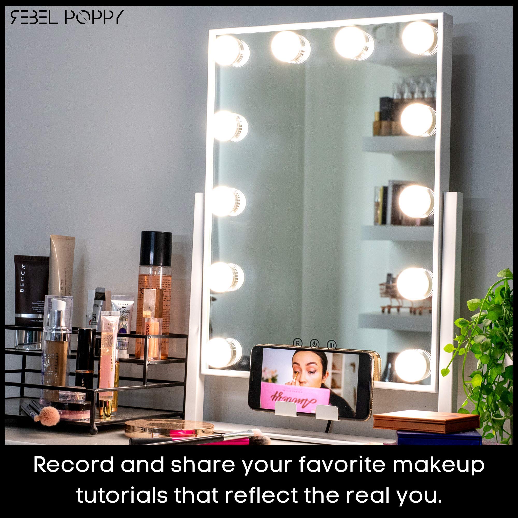 REBEL POPPY Vanity Mirrors with LED Lights - Phone Mount, 3 Lighting Touch Control, 18.5β x 14.8β, Fogless - Hollywood Lighted Makeup Mirror (White)