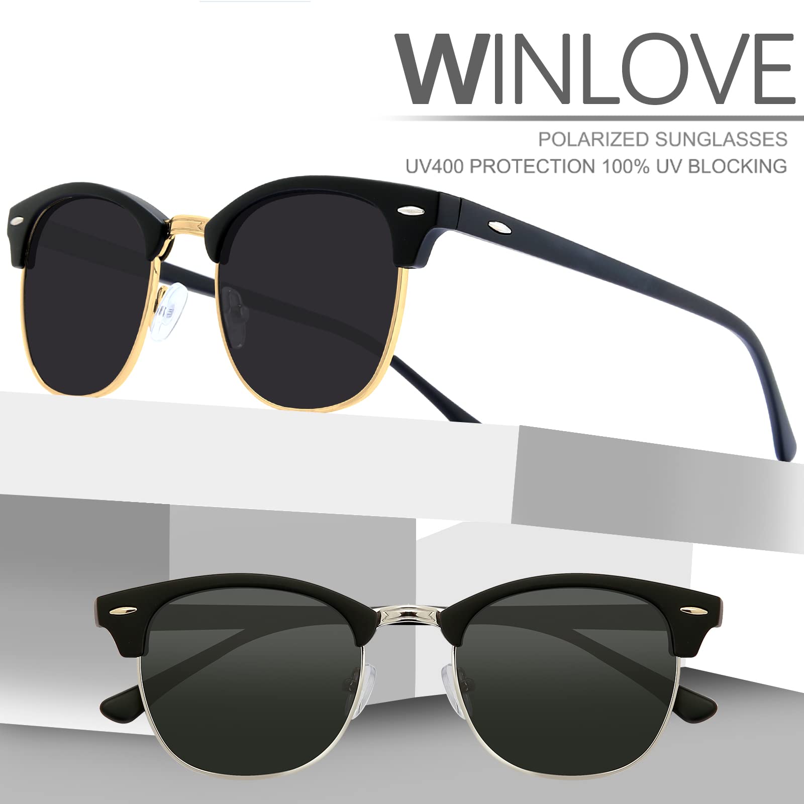 WINLOVE Polarized Sunglasses Men and Women UV Protection Classic Sunglasses TR90 Frame UV400 Protection Sun Glasses (Matte Black gold frame)