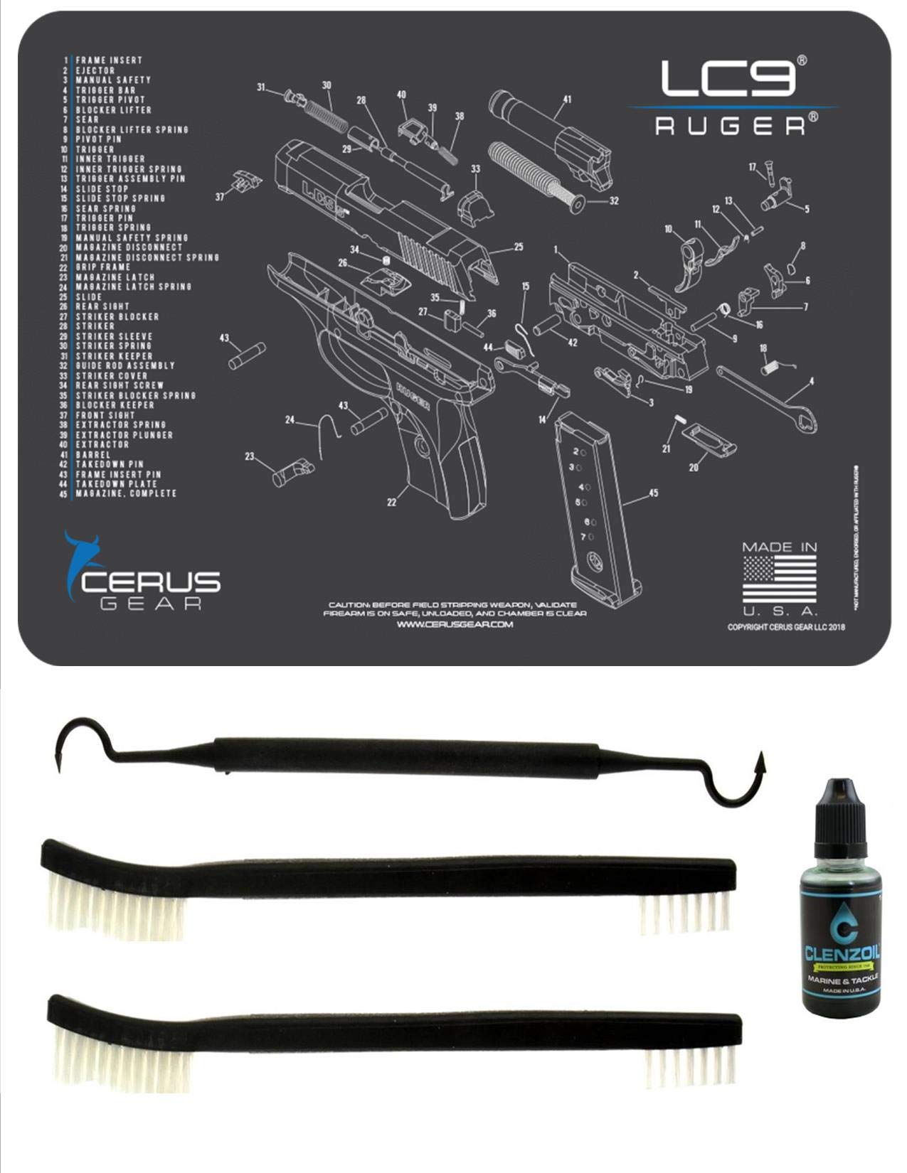 Ruger LC9 5 PC EDOG Cerus Gear Schematic (Exploded View) Heavy Duty Pistol Cleaning 12x17 Padded Gun-Work Surface Protector Mat Solvent & Oil Resistant & 3 PC Cleaning Essentials & Clenzoil