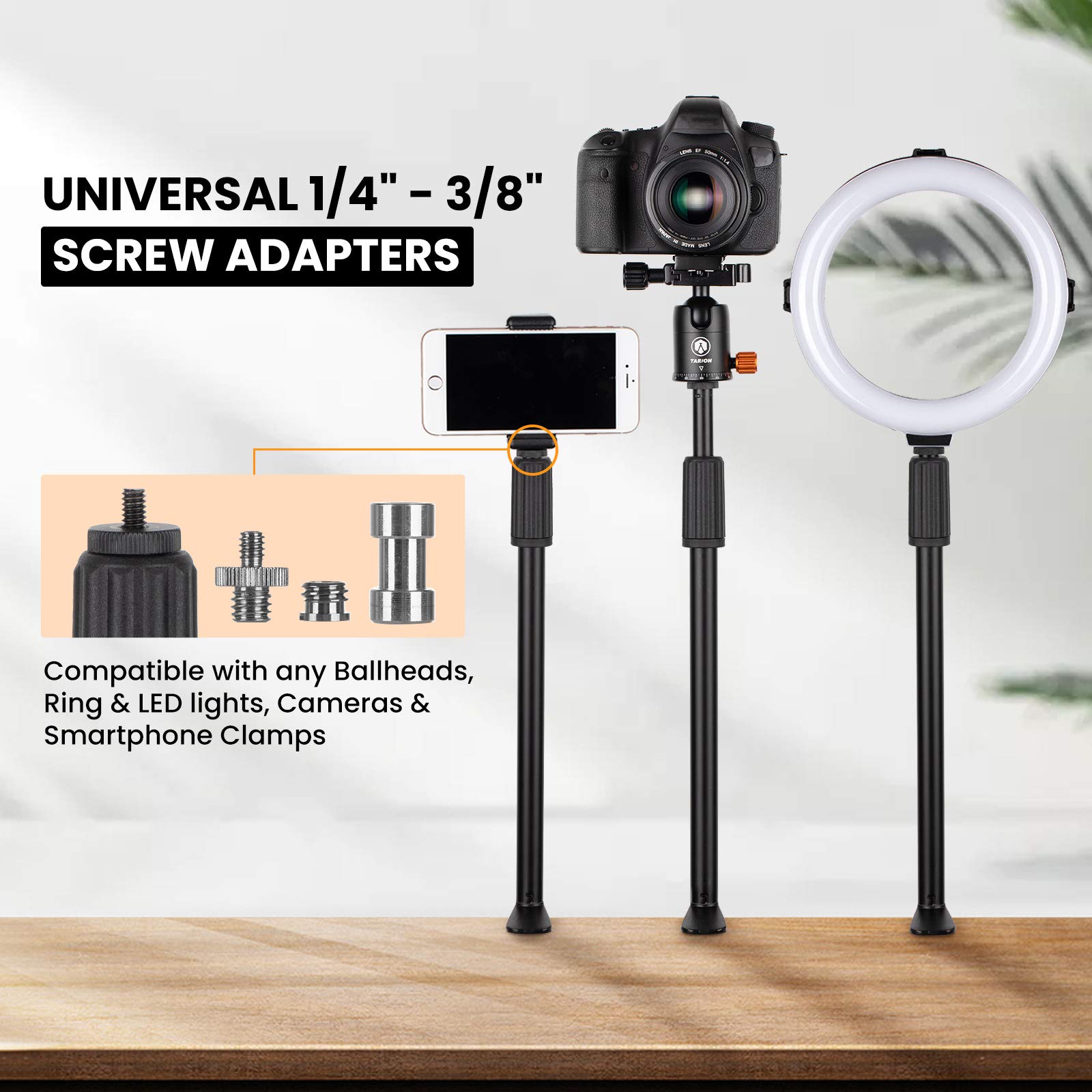TARION Desktop Light Stand with 1/4" 3/8" Screws for Ring Light Tabletop Mount L Shape Clip Stand Adjustable 14-25in/35-64cm for Live Streaming Photograpghy Videograpghy Film Shooting Virtual Meetings