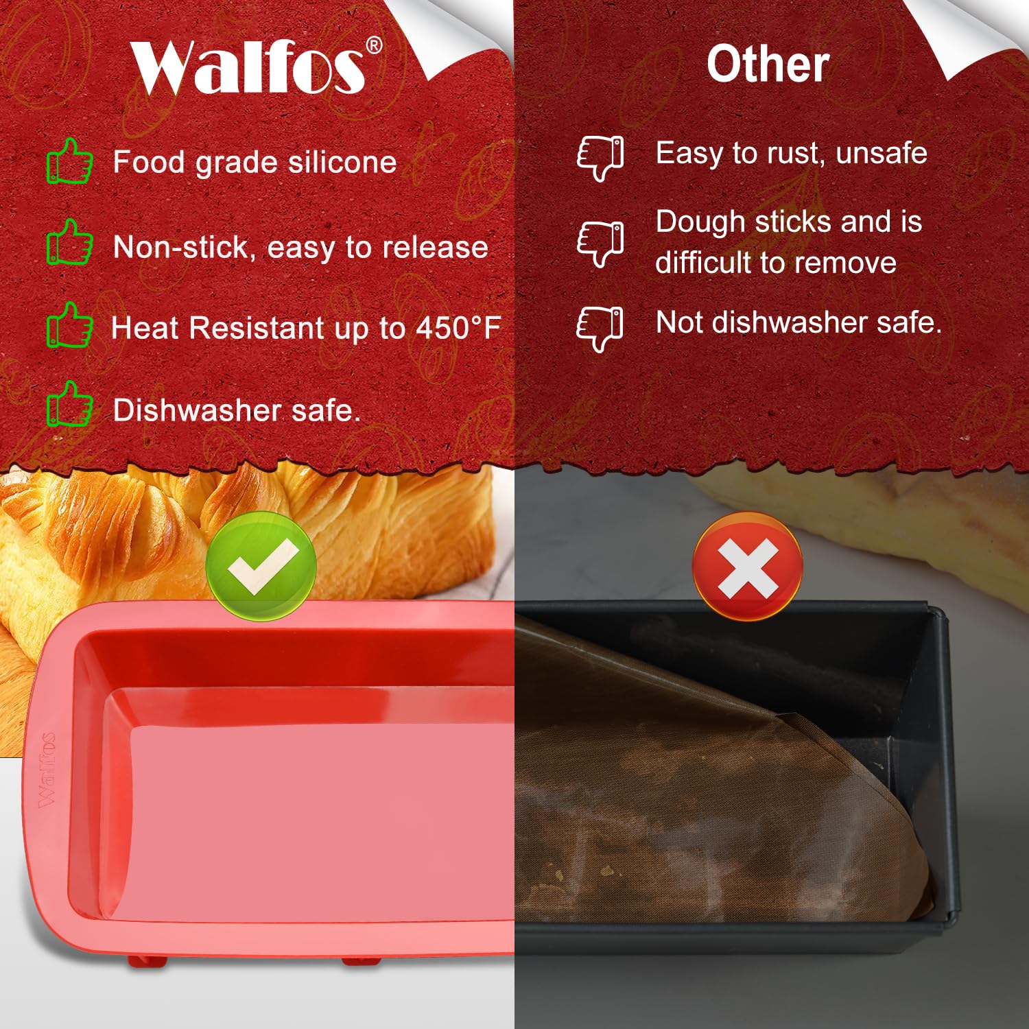 Walfos Silicone Bread Loaf Pan,9 x 5 inch Non-Stick Silicone Loaf Pans For Baking Set of 2,Perfect For Bread, Cake, Meatloaf, BPA Free and Dishwasher Safe