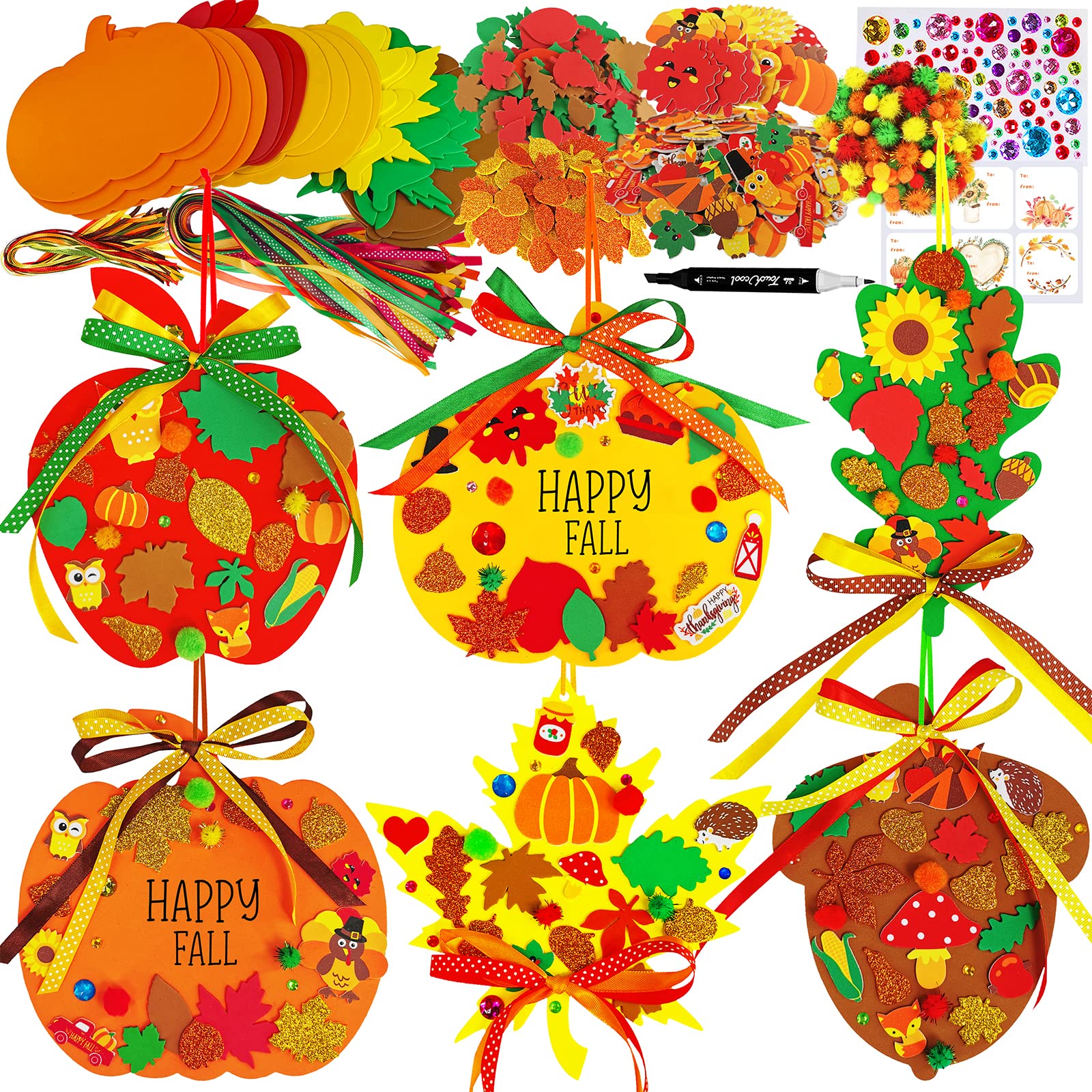 Winlyn 24 Sets Fall Pumpkin Ornaments Decorations DIY Fall Craft Kits Foam Pumpkin Apple Acorn Autumn Leaf Stickers for Kids Party Favors Thanksgiving Halloween Classroom Home Activity Tree Door Decor