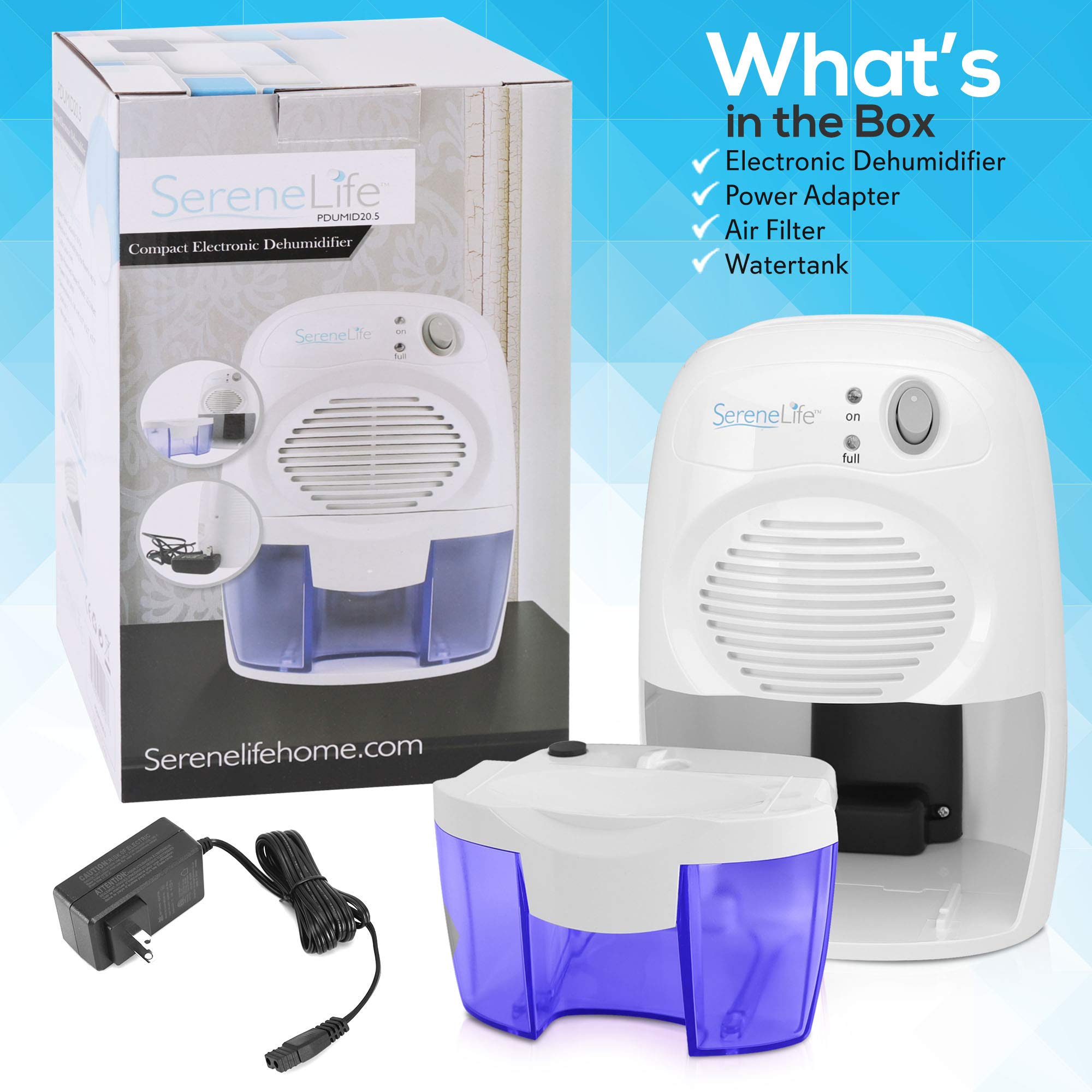 SereneLife Dehumidifier 16oz. Compact Electronic Cooler-Rooms up to 1100 Cu Ft-Breathe Easier, Odor Eliminator, Moisture Control, Ventilation Fan, Reusable Air Filter, Removable Water Tank