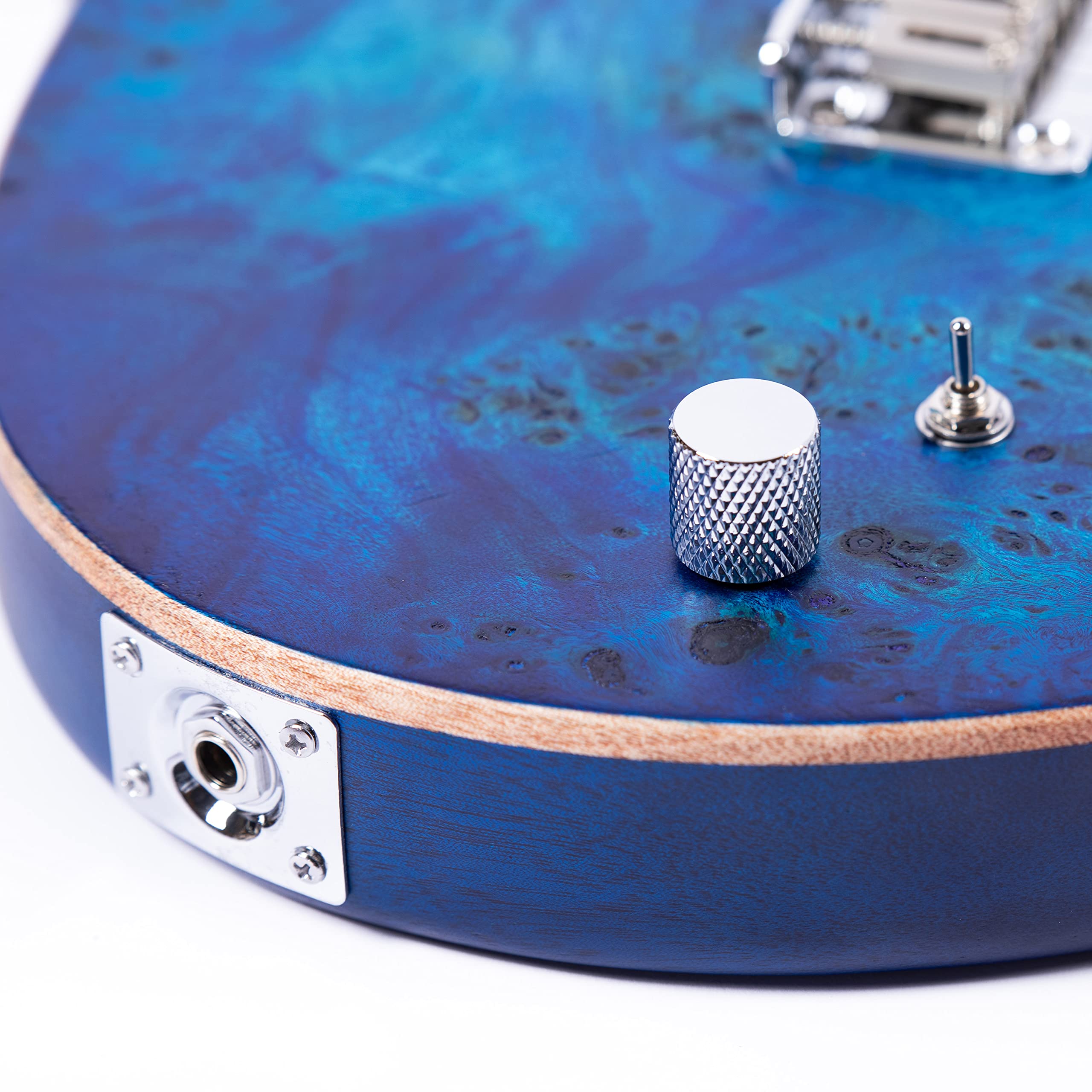 Volgoa VTL-2 Solid Body 6 String Electric Guitar, Roasted Maple Neck, Mahogany Body, Matte Burl Figure Veneer, and Coil Splitting Pickup (Blue)