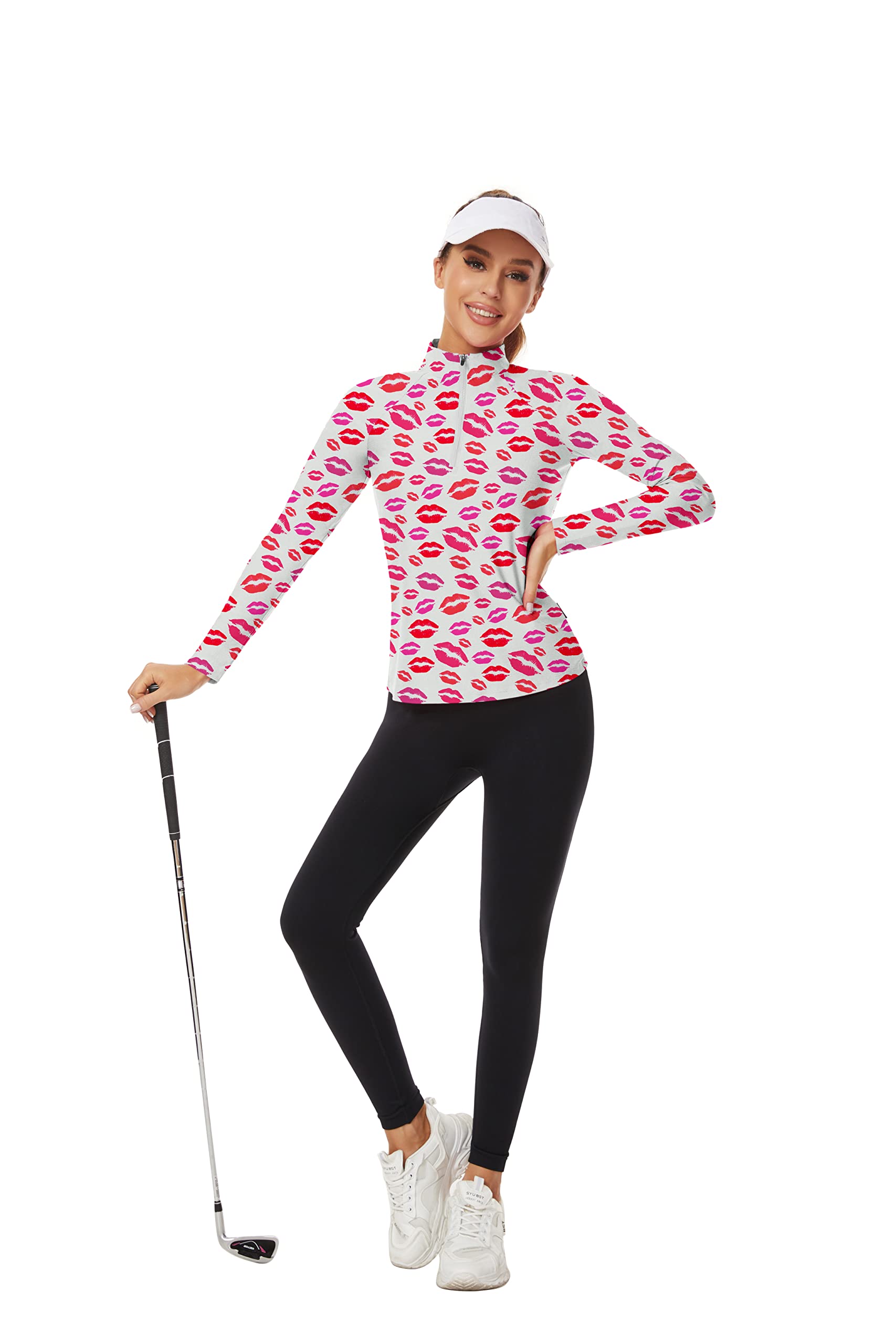 Women's Golf Shirt Long Sleeve 1/4 Zip Pullover Tennis Shirts Running Hiking Outdoor Tops (Print A, S)