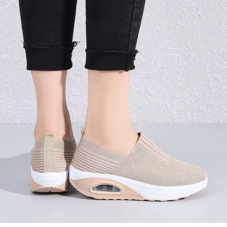 RZDYSQ Womens Orthopedic Sneakers, Slip-On Air Cushion Platform Mesh Walking Sneaker (Beige,US-9.5)
