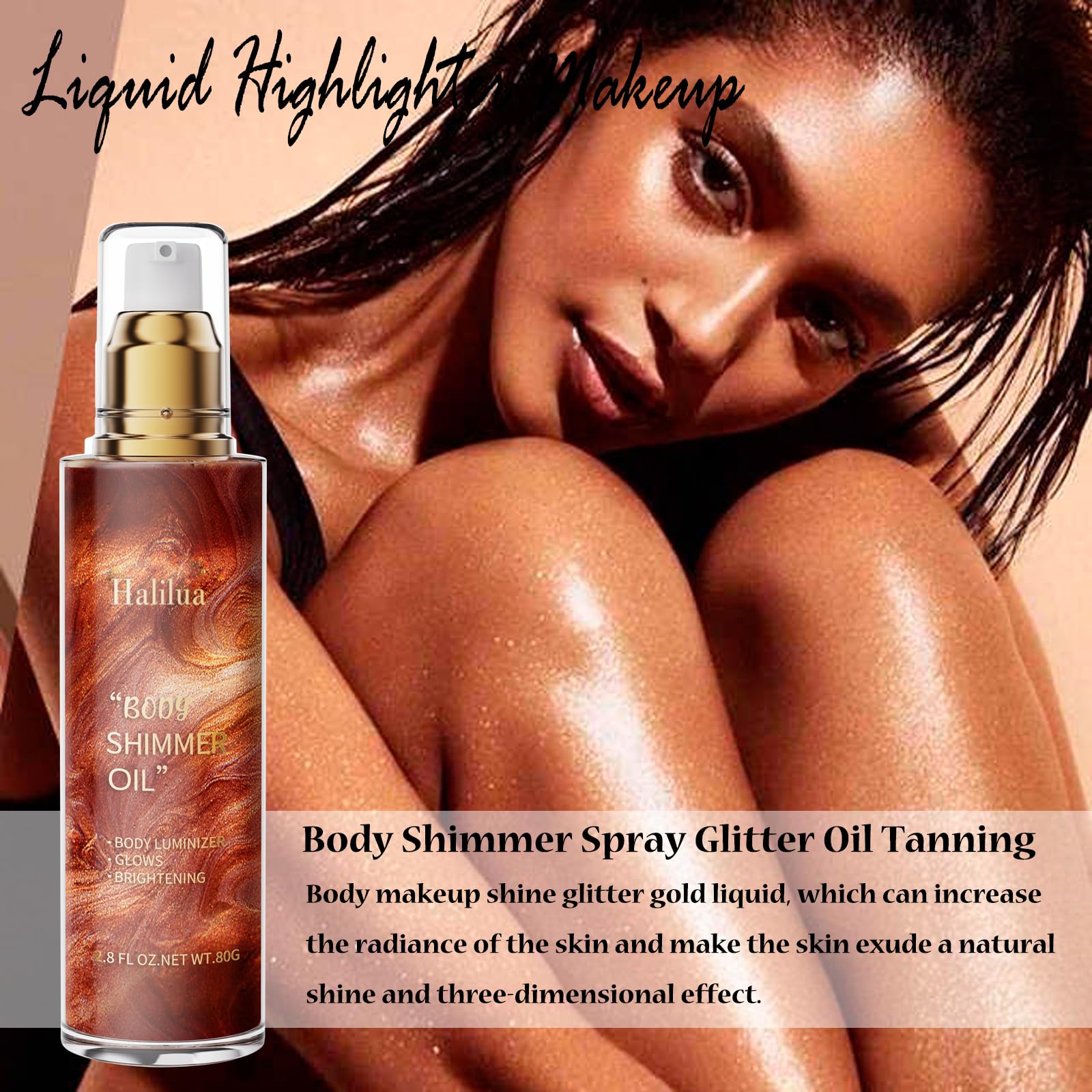 Shimmer Body Oil, 4 Colors Face and Body Liquid Luminizer, Waterproof Moisturizing Light Shimmer Glow Illuminator Liquid Highlighter Makeup, Liquid Illuminator Body Highlighter 2.8oz/Jars (Halilua-shimmeroil-4#)