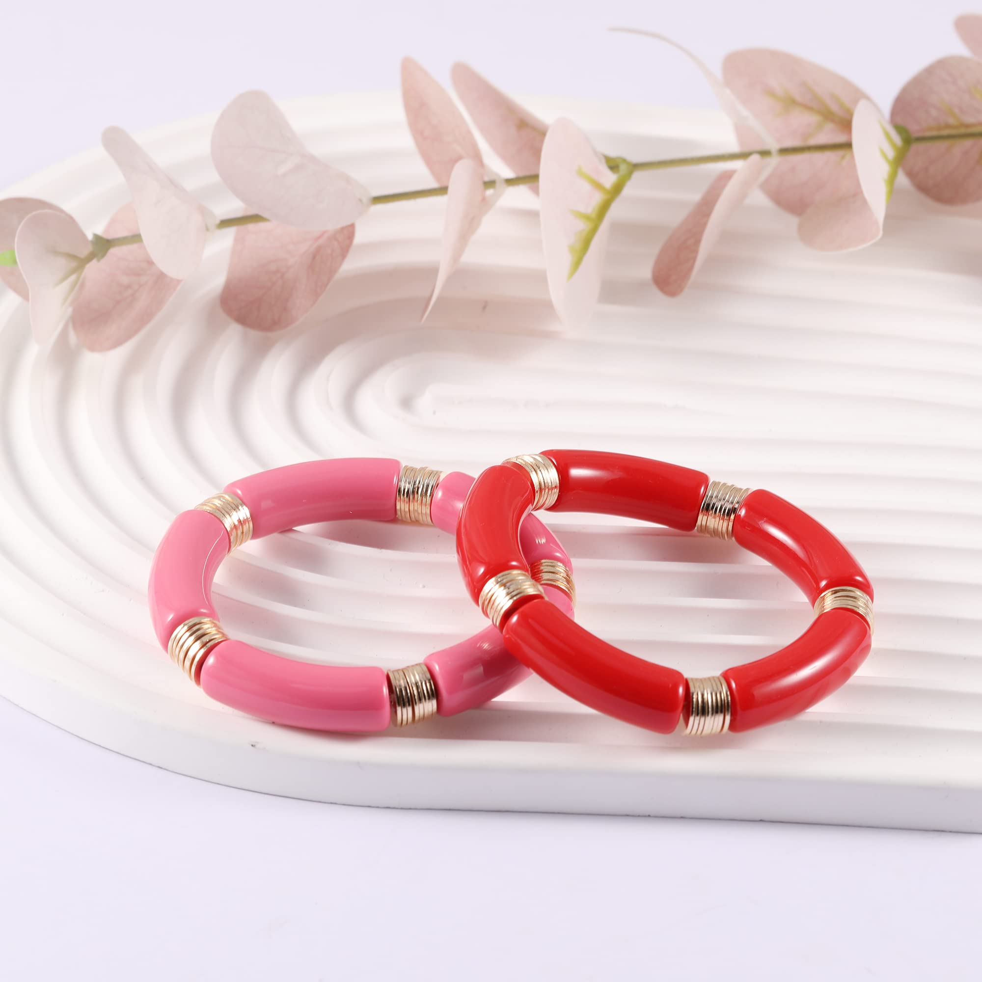 PIPITREE Bamboo Tube Bangles Bracelet For Women ,Chunky Curved Stacking Clear Acrylic Colorful Beads Stretchable Gold Bracelets Friendship Summer Beach Jewelry