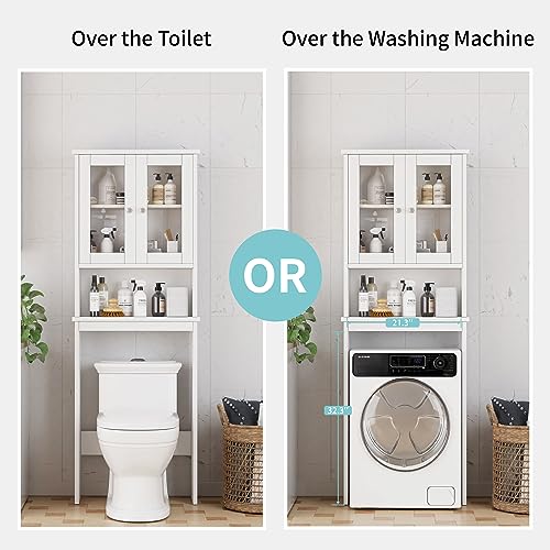 Shintenchi Over The Toilet Storage Cabinet, Bathroom Shelf Organizer with Anti-Tip Device Small Freestanding Space Saver with Adjustable Shelf and Glass Door, White