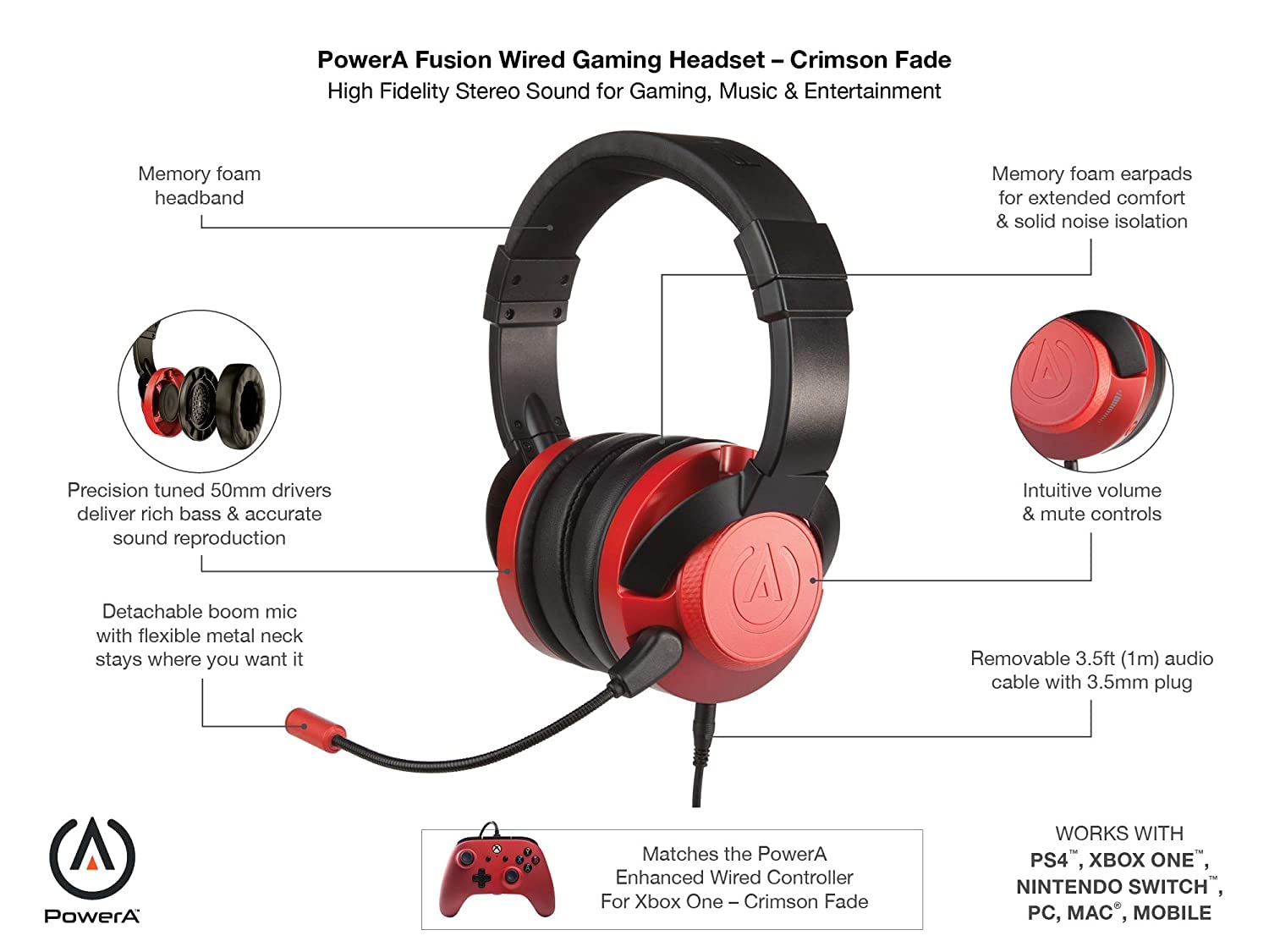 PowerA Fusion Wired Stereo Gaming Headset with Mic for PlayStation 4, Xbox One, X, Xbox One S, Xbox 360, Nintendo Switch, PC, Mac, VR, Android, and iOS - Crimson Fade - Xbox 360; Xbox