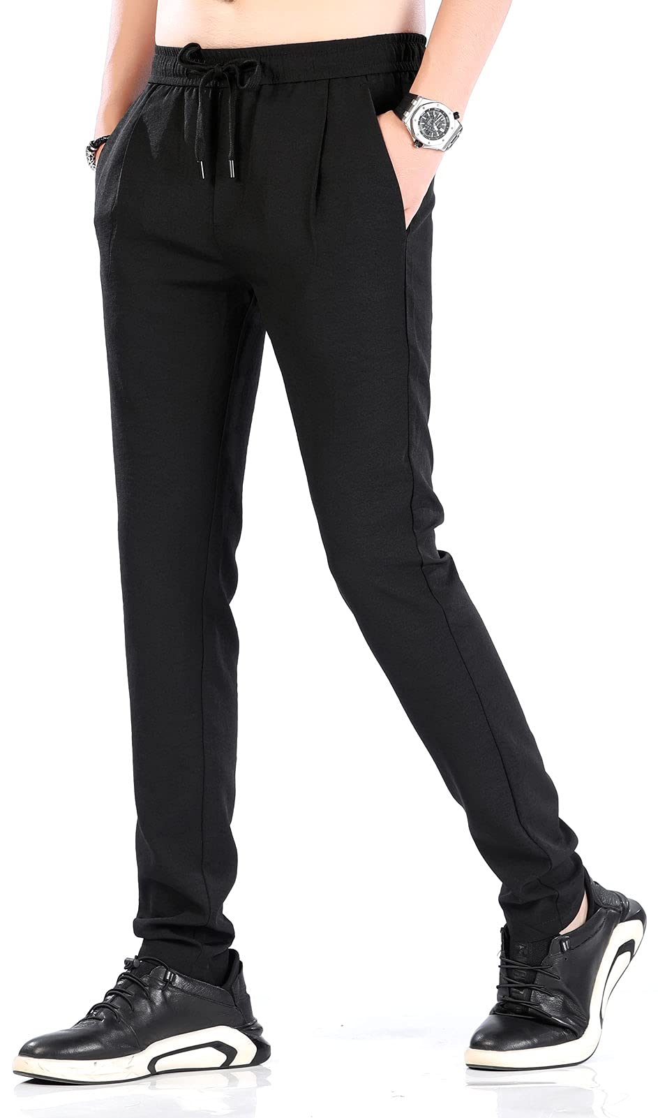 Plaid&Plain Men’s Linen Like Seersucker Pants Slim Fit Beach Pants with Drawstring E8201 Black 32x28