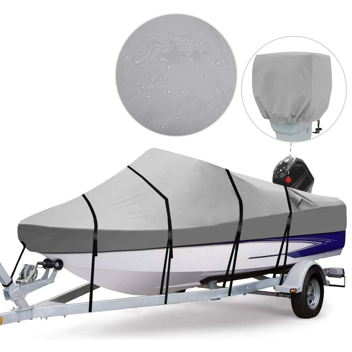 RVMasking Waterproof Polyester Trailerable Full Size Boat Cover for V-Hull Runabouts Outboards and I/O Bass Boats, Motor Cover Include (Gray, Length:17'-19' Beam Width: up to 96")