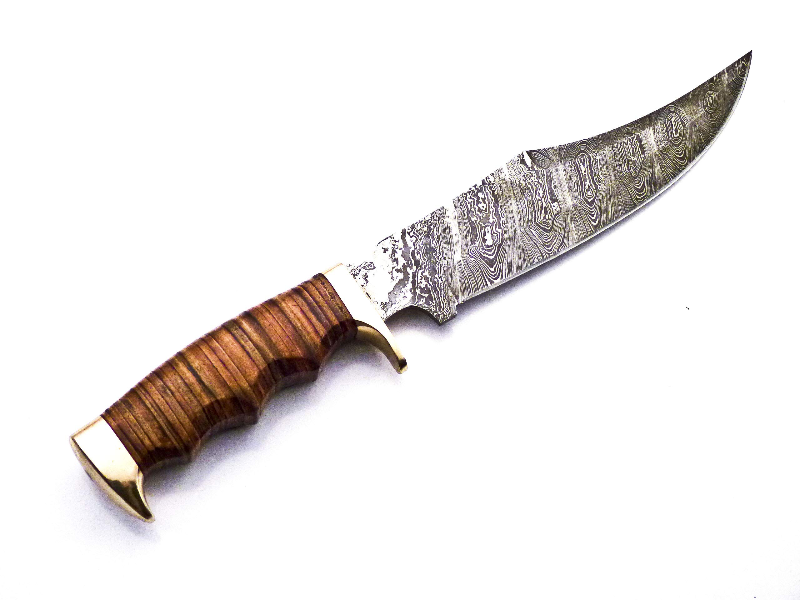 Skokie Knives Custom Hand Made Damascus Steel Hunting Knife Handle Leather Stacked with Brass Spacer (Stacked)