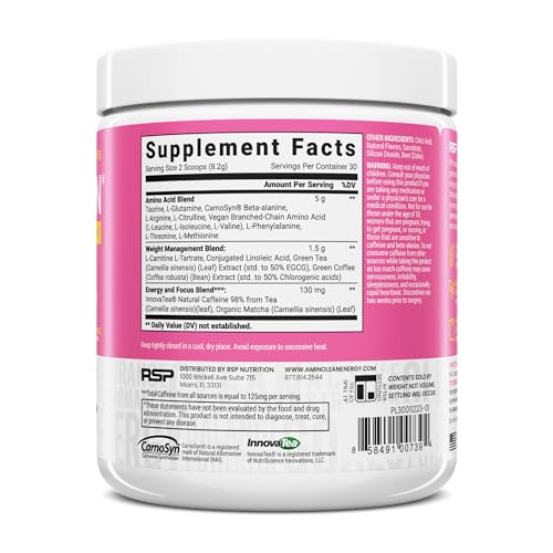 RSP NUTRITION AminoLean Pre Workout Powder, Amino Energy & Weight Management with Vegan BCAA Amino Acids, Natural Caffeine, Preworkout Boost for Men & Women, 30 Serv, Pink Lemonadeā¦