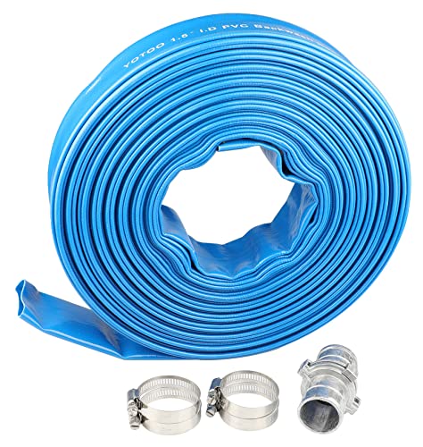 YOTOO Heavy Duty PVC Pool Backwash Hose 1-1/2 Inch by 100 Feet, Reinforced Discharge Hose with Connector and 4 Clamps for Swimming Pools, Pool Drain Hoses, Blue