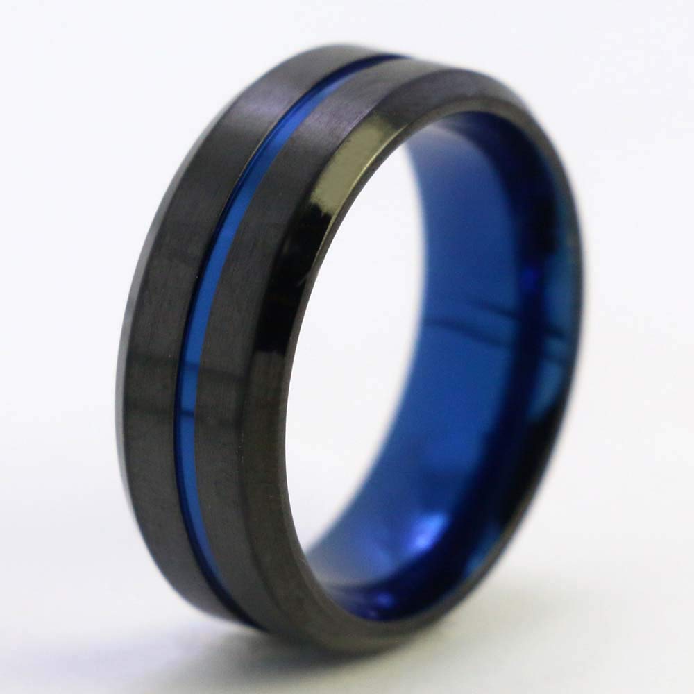 Ringcrown Couple Rings Black Gold Filled Princess Cut Blue Cz Womens Wedding Ring Sets Man Tungsten Wedding Band(Please Buy Two Rings for one Pair)