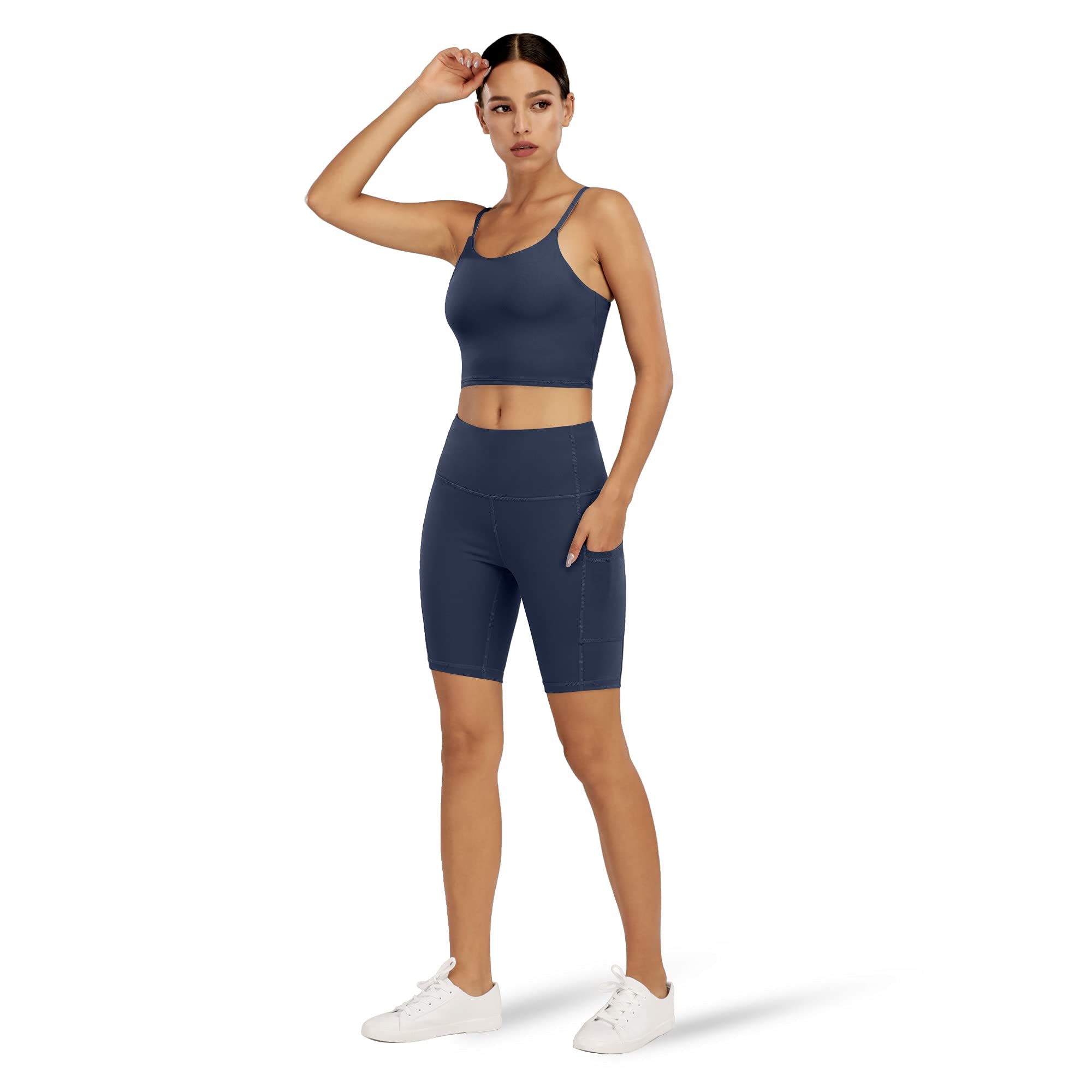 TALACCA Outfits GYM Shorts Set Workout Running Crop Top with Sports Bra, Navy M