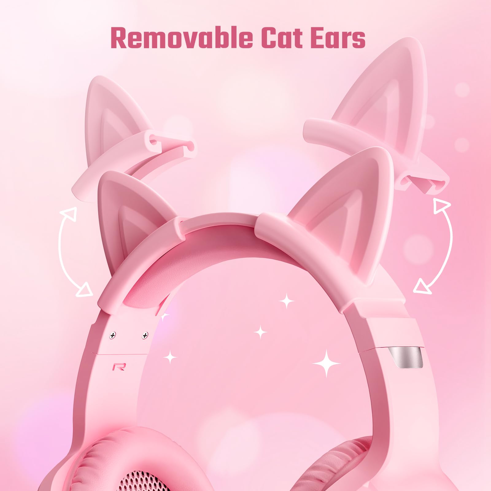 Pink Gaming Headset Noise-Canceling Mic with Stereo Surround,Wired Over-Ear Headphones with Retractable and Flexible Mic&Memory Foam Ear Pads,Removable Cat Ears,for Xbox Series, PS5, PS4, PC, Mobile.