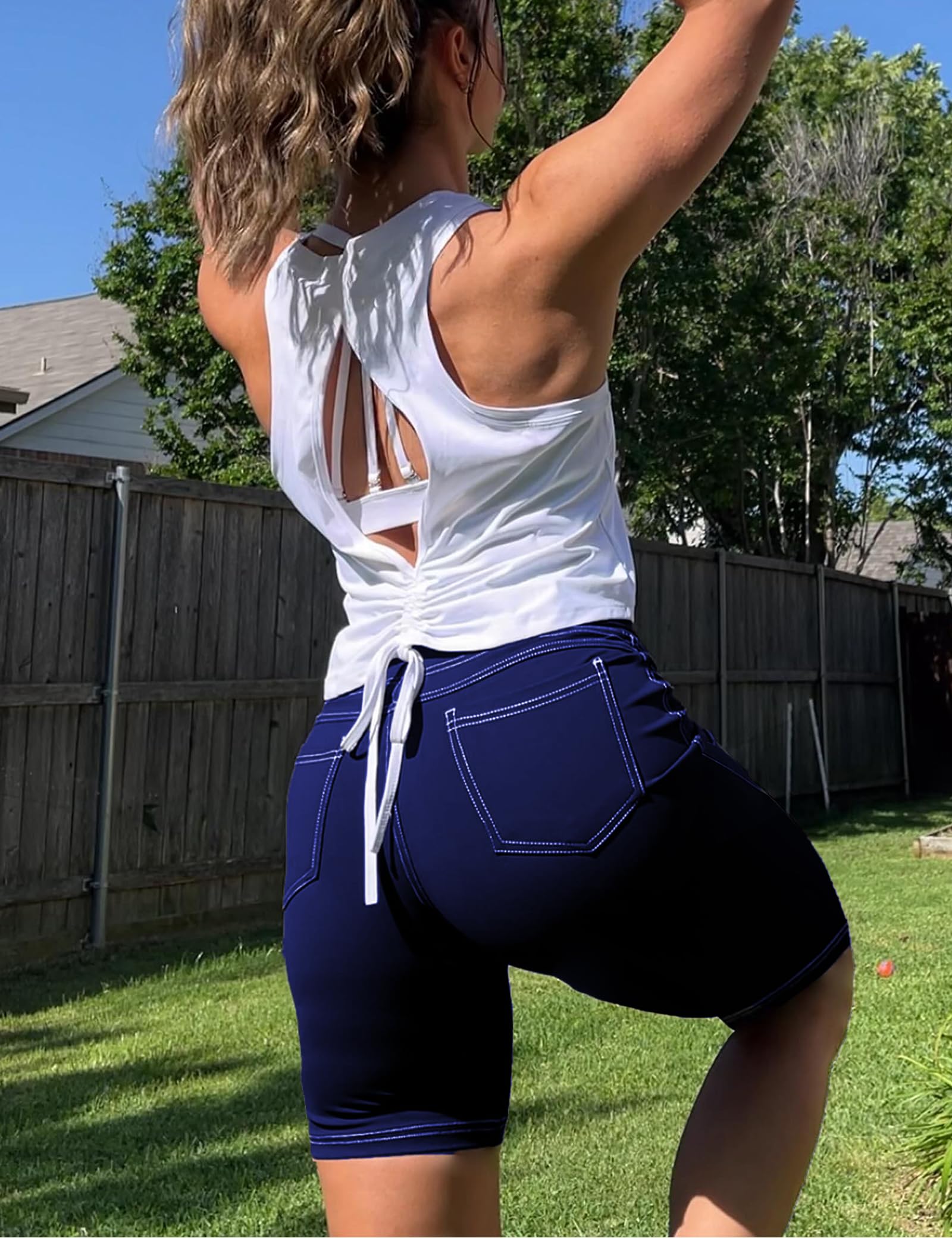 VOOVEEYA 5"/8" High Waisted Yoga Biker Shorts with Pockets for Women - Butt Lifting Workout Spandex Booty Gym Shorts(Denim Blue S)