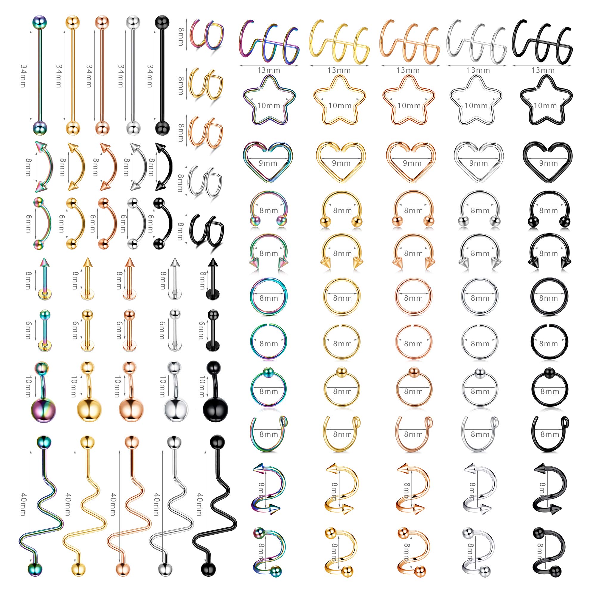UBGICIG 123PCS Professional Piercing Kit 14G 16G 20G Stainless Steel Nose Ring Hoop Septum Eyebrow Lip Belly Button Ring Ear Studs Cartilage Tragus Helix Earrings Professional Body Piercing Tool