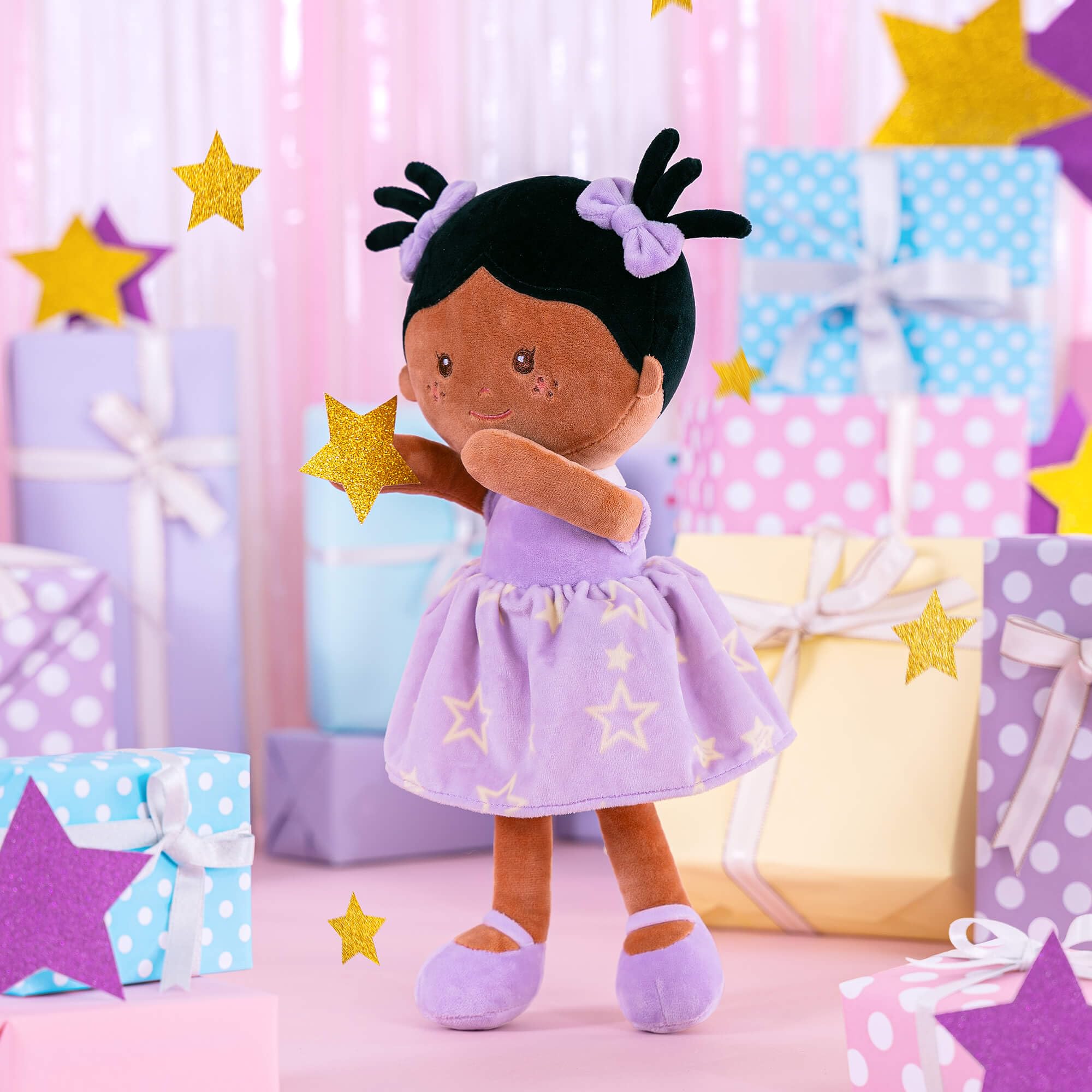 Onetoo First Baby Doll Plush Rag Doll Sleeping Cuddle Buddy Doll Soft Baby Doll Wear Star Purple Dress 14"(Milly Series)
