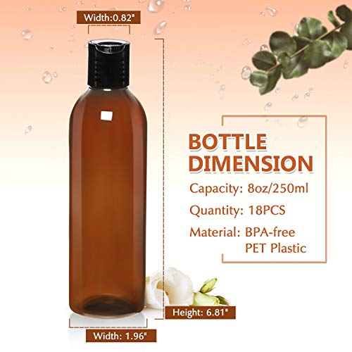 Vumdua 18 Pack Empty Plastic Squeeze Bottles, 8oz Amber Travel Bottles with Disc Top Flip Cap, Refillable BPA-Free Plastic Containers For Shampoo, Lotions, Body Wash