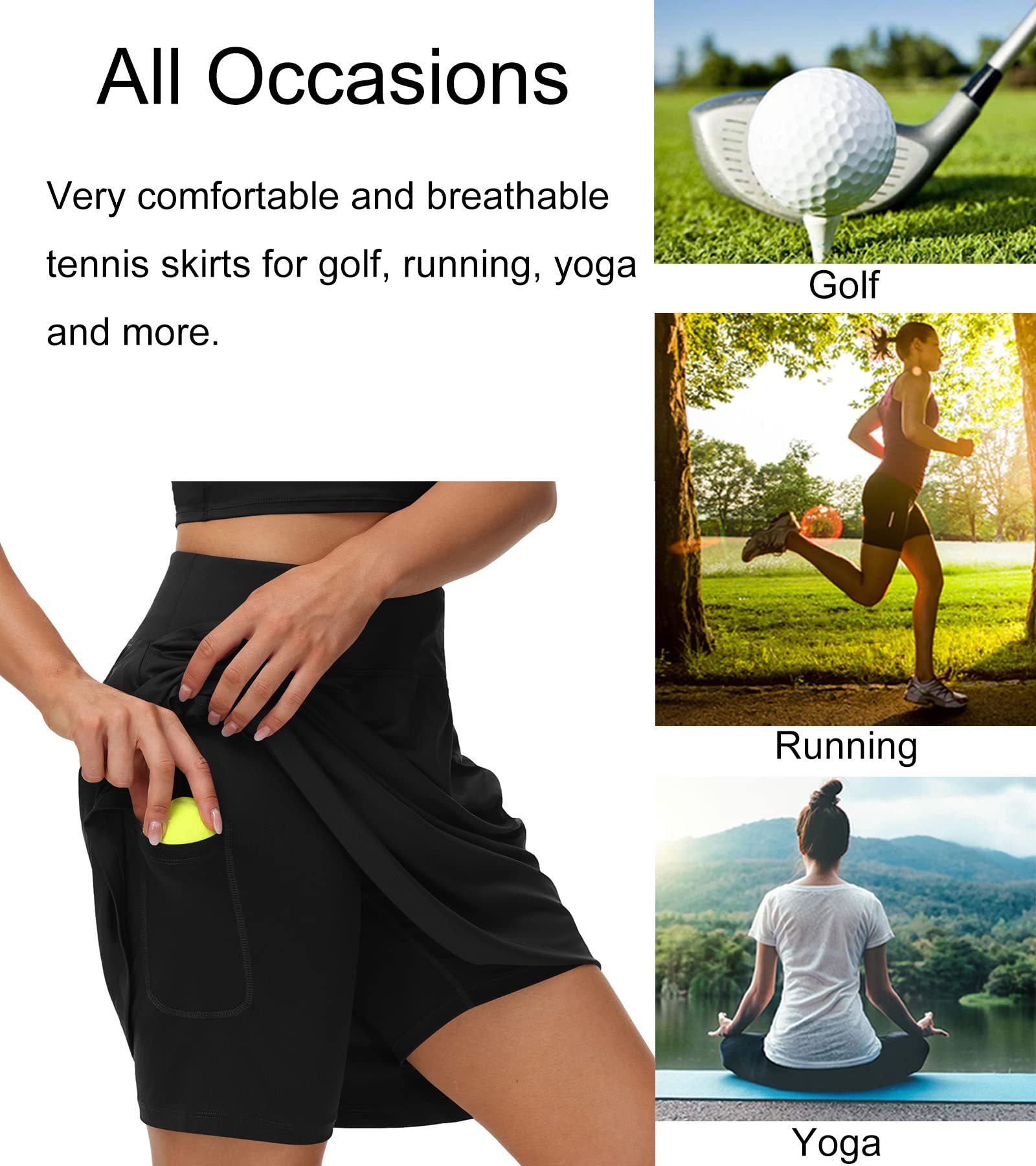 Women's Knee Length Tennis Skirt Large Black Lightweight Modest Long Cute Casual Workout Athletic Golf Skort with Pockets