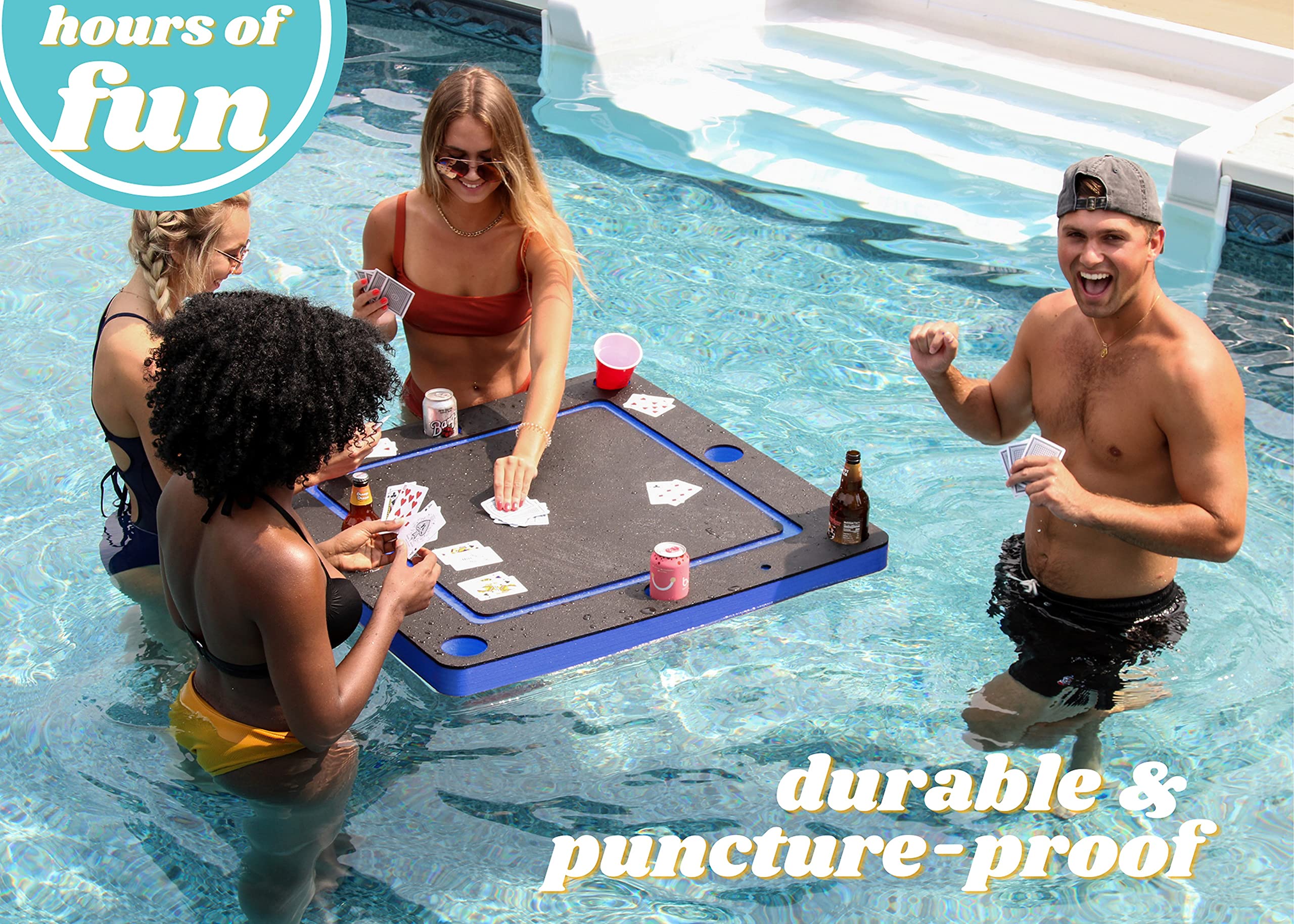 Polar Whale Floating Blue and Black Game or Card Table Tray for Pool or Beach Party Float Lounge Durable Foam Large 36 Inch Drink Holders with Waterproof Playing Cards Deck UV Resistant