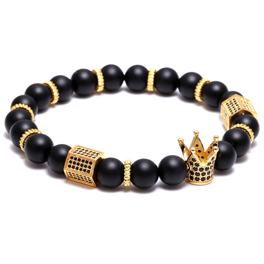 SEVENSTONE 8mm Crown King Charm Bracelet for Men Women Black Matte Onyx Stone Beads, 7.5"