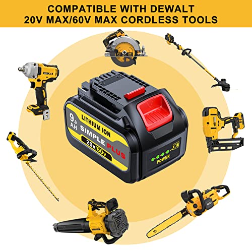Simple Plus+ 20V/60V 9.0Ah MAX Replacement for DeWalt Battery, Replace for Dewalt DCB606-2 DCB609 DCB612 DCB205 DCB200, Compatible with All 20V Tools and Chargers