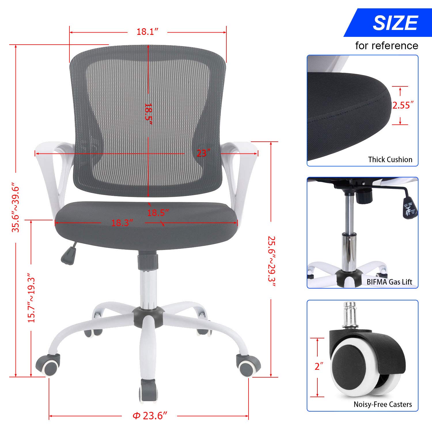 QY Office Chair Ergonomic Desk Chair with Arms & Adjustable Height Modern Mid Back Swivel Home Chair for Small Place, White