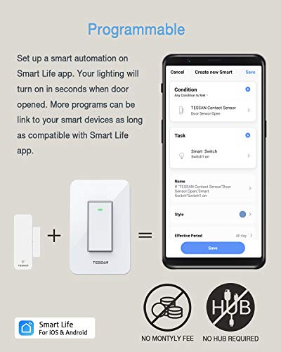 Smart Door Sensor 2 Pack, TESSAN WiFi Window Contact Sensor Work with Amazon Alexa, Google Assistant, No Hub Required, Trigger Phone Notification, Phone Alarm, Programmable with Smart Life Devices