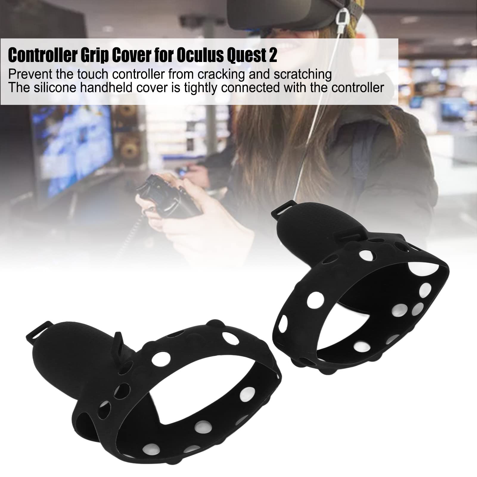 VR Controller Grip Cover, Silicone VR Controller Handle Silicone Protective Cover with Adjustable Knuckle Strap,for Oculus Quest 2 Handle Controller(Black)