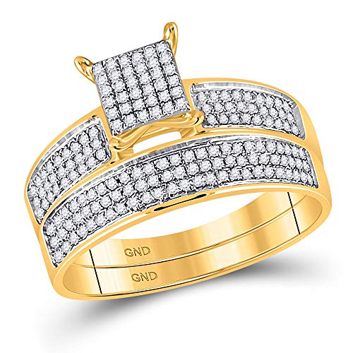 Solid 10k Yellow Gold His and Hers Round Diamond Cluster Matching Couple Three Rings Bridal Engagement Ring Wedding Bands Set 1/2 Ct. - (L = 5, M = 11)