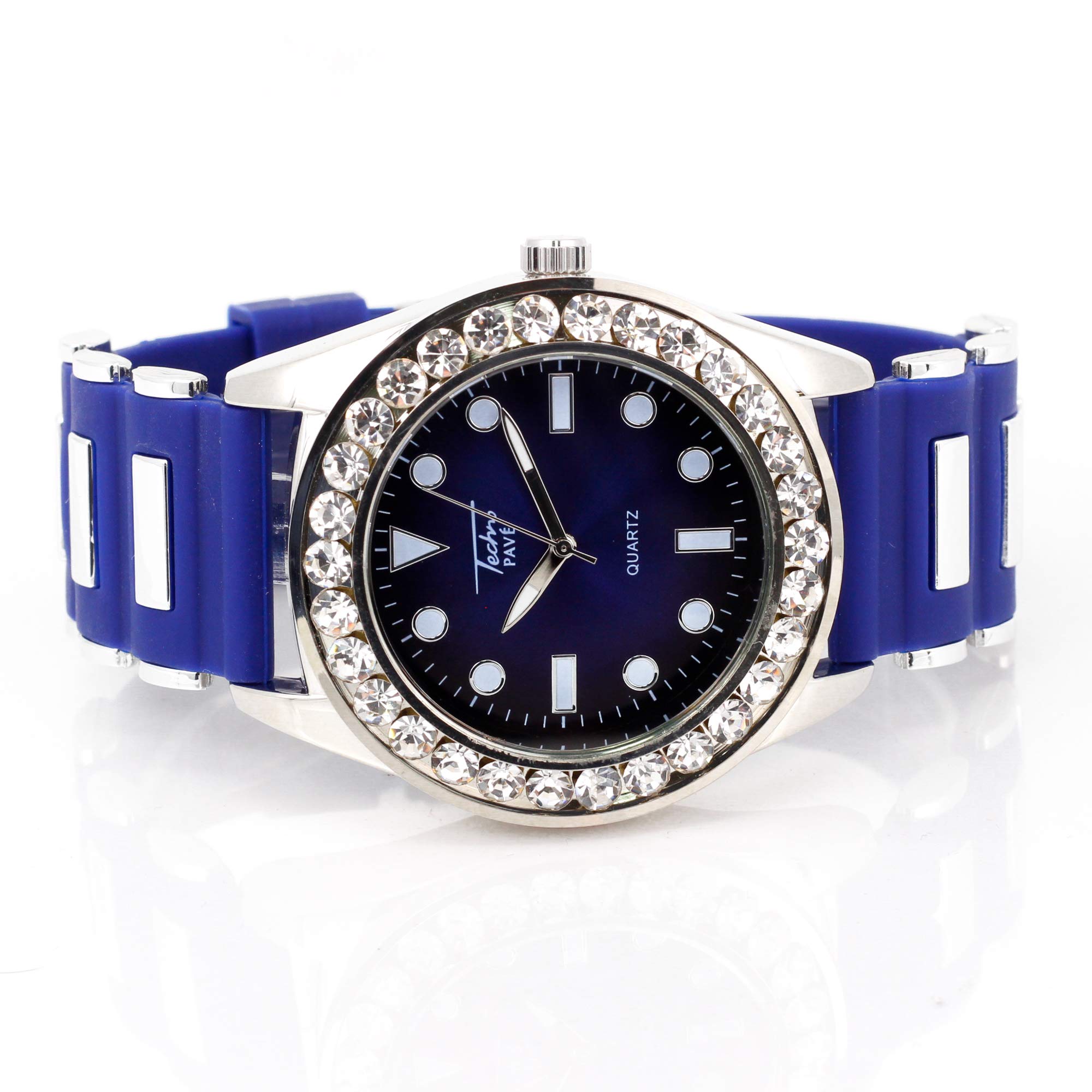 Techno Pave Mens Silver Hip Hop Iced Out Silicone Band Watch with Solitaire Bezel and Unique Time Indicators - Silicone Band Breathable Strap with Adjustable Holes