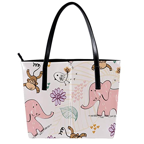 Women's Large Size Canvas Shoulder Bag Hobo Crossbody Handbag Casual Tote, Cartoon Animal Monkey Elephant Bird