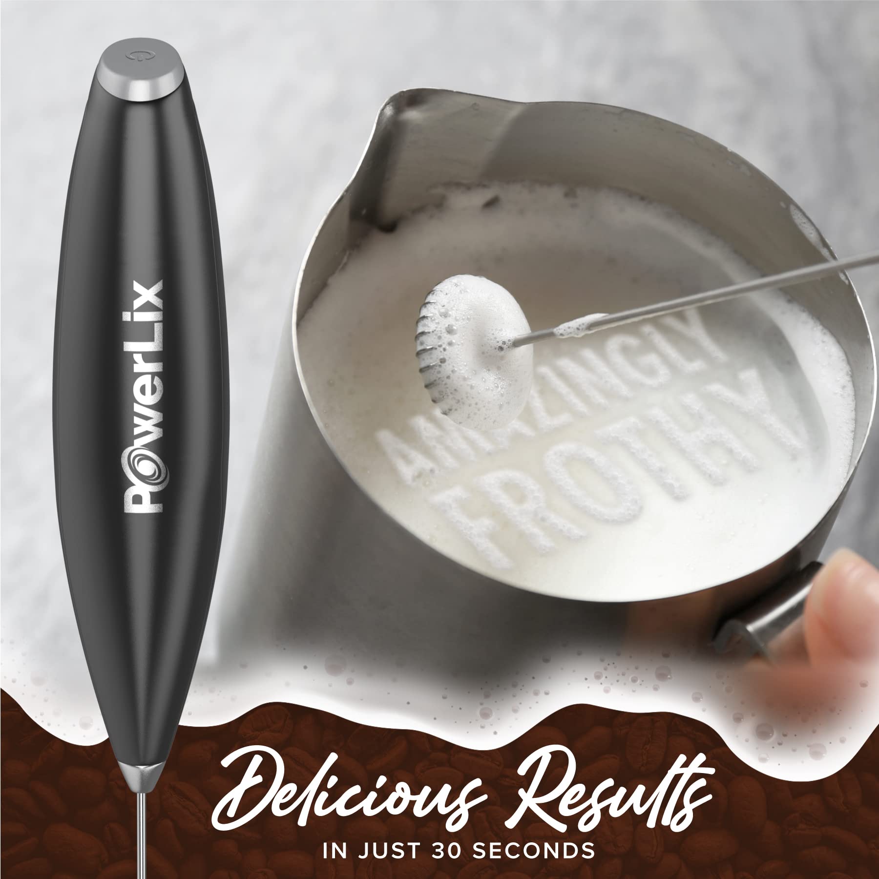 PowerLix Milk Frother Handheld Battery Operated Electric Whisk Beater Foam Maker For Coffee, Latte, Cappuccino, Hot Chocolate, Durable Mini Drink Mixer Without Stand Black