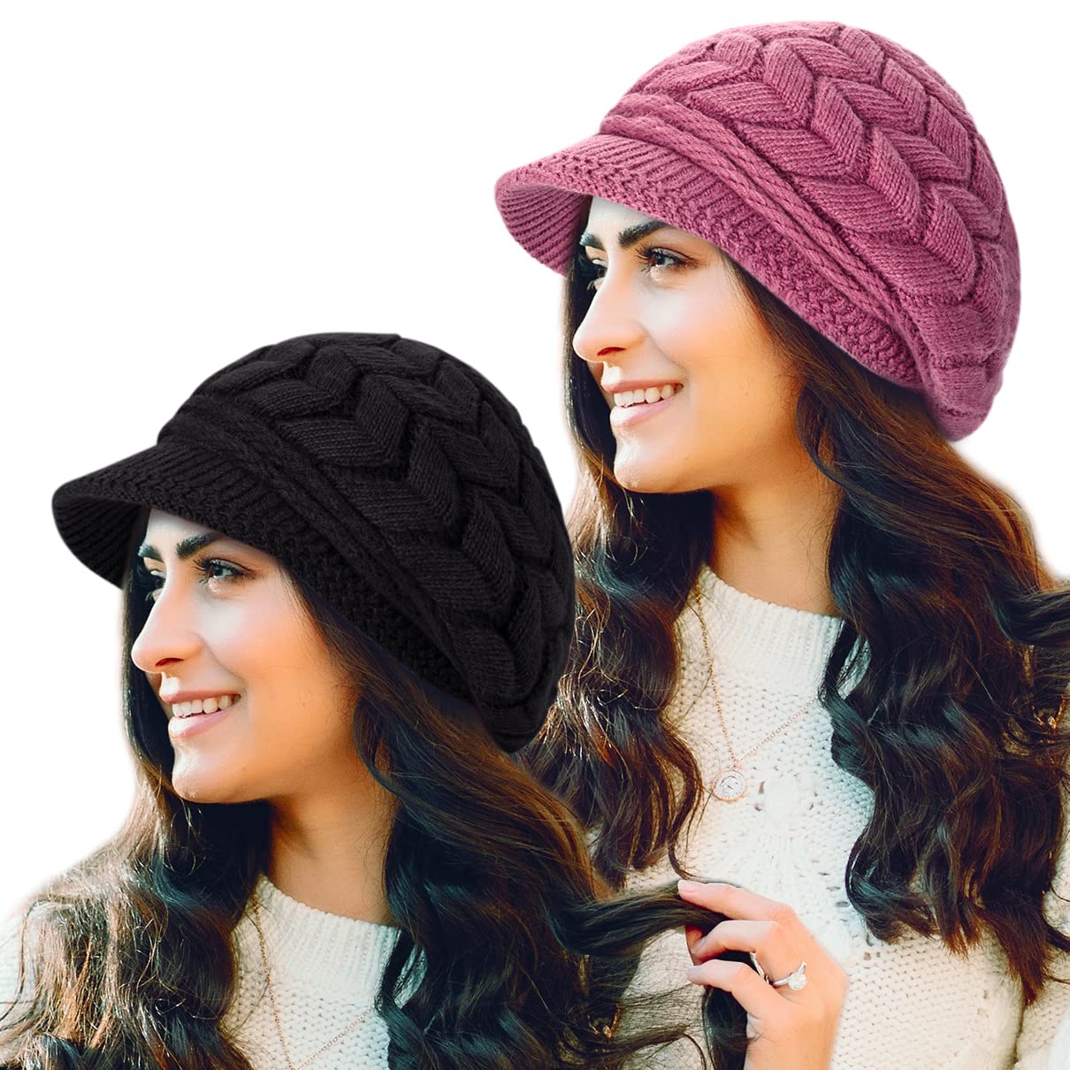 Weradau Women Winter Hat,Soft Wool Knit Beanie Hat for Women,Fleece Lined Snow Ski Caps Slouchy Winter Hat with Vsior