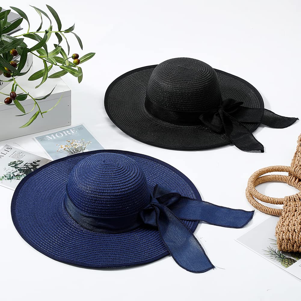 Women Straw Beach Sun Hat: Large Summer Floppy Sunhat with Wide Brim for Ladies - Foldable & Packable UV Protection UPF 50 Hat (Navy)