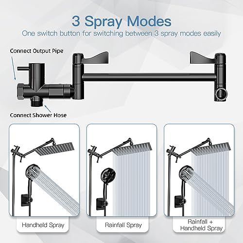 Shower Heads with Handheld Spray Combo, 10" Rain High Pressure Shower Head with 11" Extension Arm, 10 Modes Detachable Shower Built-in Power Wash with 59" Hose, Height & Angle Adjustable, Matte Black