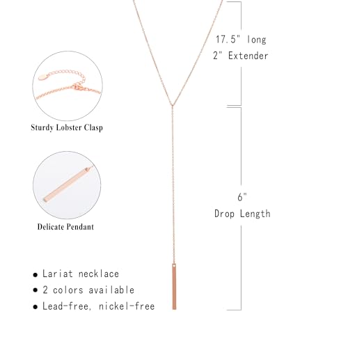 S.J JEWELRY Womens Handmade CZ Simple Delicate 14K Gold Plated/Rose Gold Plated/Silver Plated Lariat Simple Baton Adjustable Y Necklace-Y-Baton-Rose