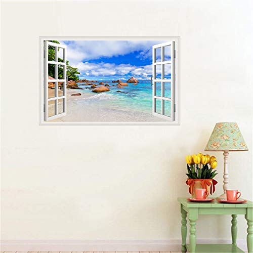 Rajahubri 3D Beach Fake Window Wall Stickers Blue Sky Window View Wall Decals Seascape Wall Sticker Removable Ocean Beach Wall Decals for Bedroom Kids Room
