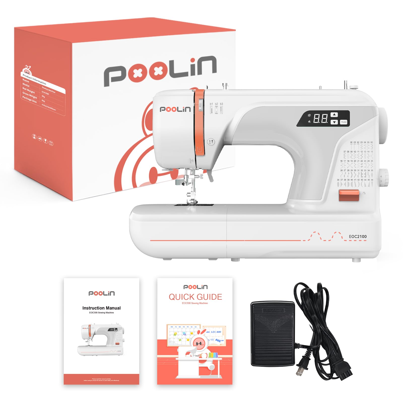 Poolin Mechanical Sewing Machine - 108 Stitches Applications with Instruction Manual, Quick Start Guide & Social Medio Video Tutorials, Include Accessories, EOC990