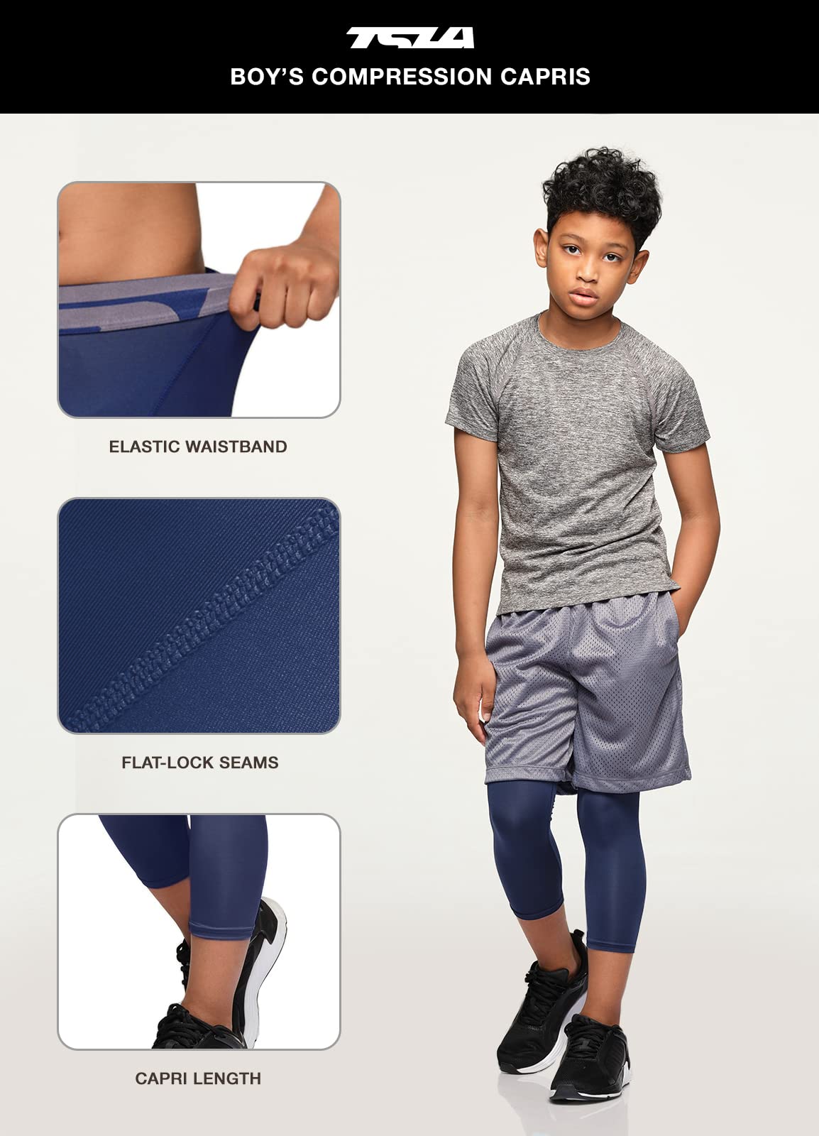 TSLA Boys Youth UPF 50+ Compression Pants Baselayer, Cool Dry Running Tights, 4-Way Stretch Workout Leggings, Capri 2Pack Navy/Red, 8