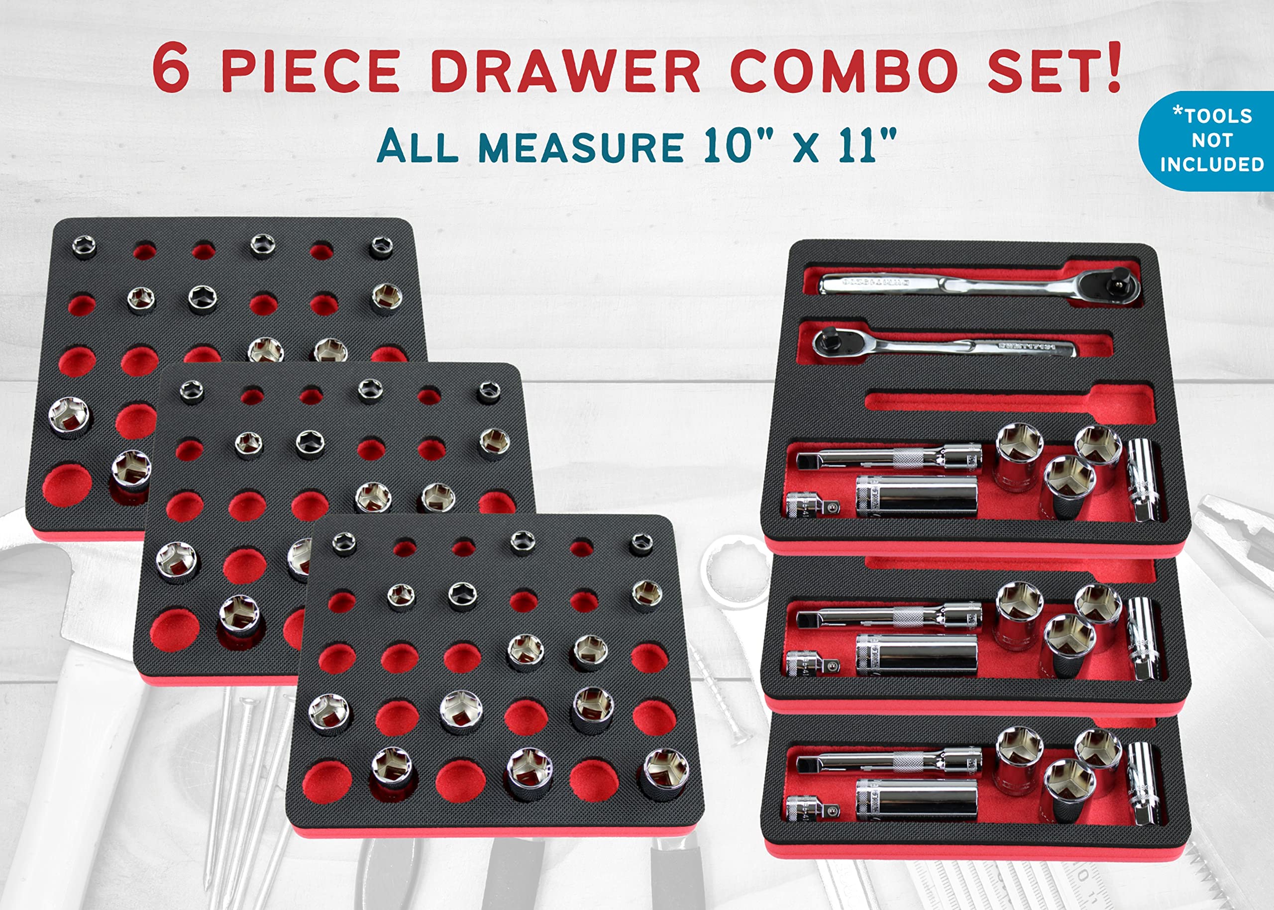 Polar Whale Tool Drawer Organizer 6-Piece Ratchet and Socket Insert Set Red Black Durable Foam Holds Many Tools and Accessories 10 x 11 Inch Trays Fits Craftsman Husky Kobalt Milwaukee Many Others