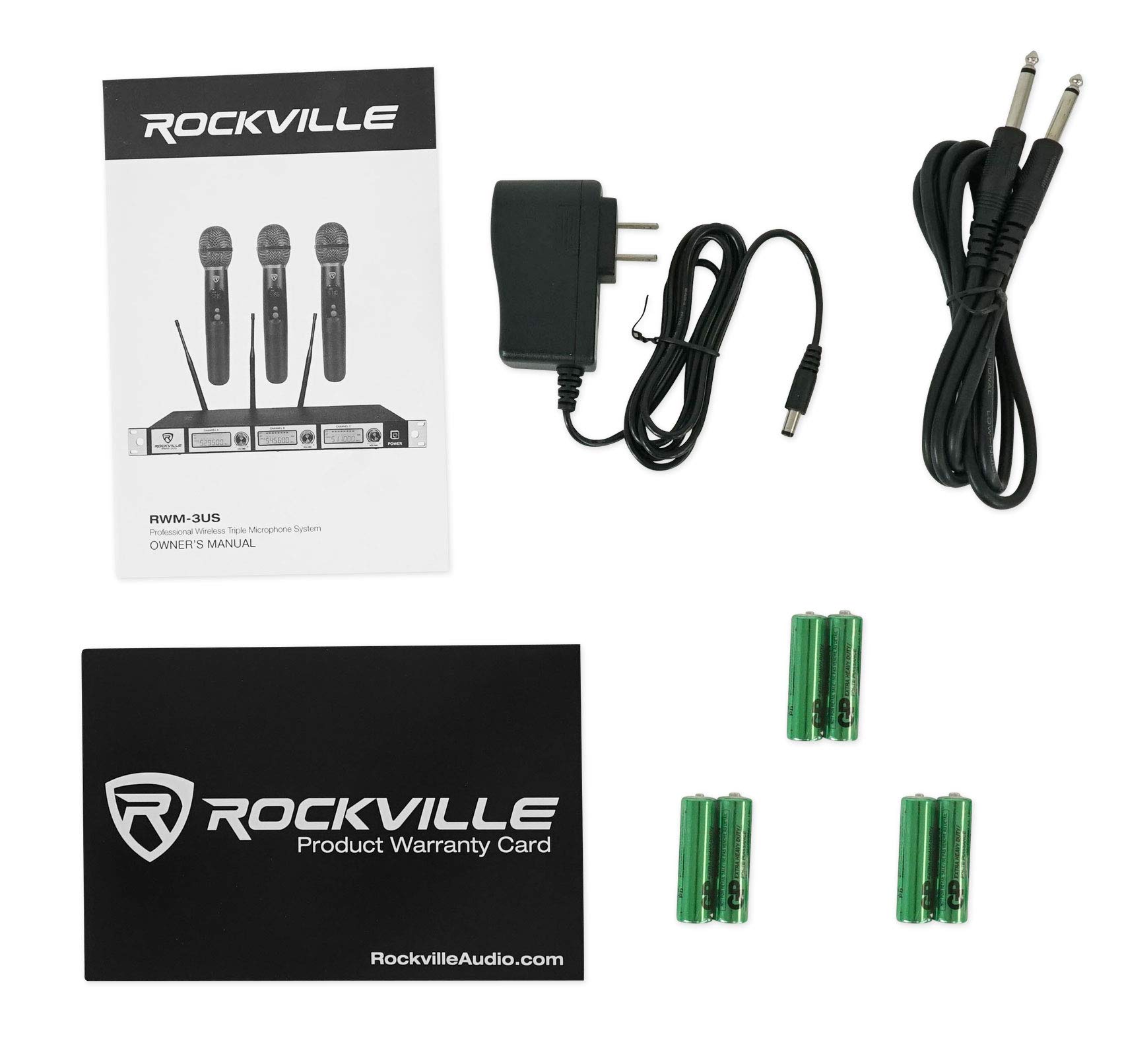 Rockville RWM-3US Triple Wireless UHF 3 Microphone System w/Adjustable Frequency,black